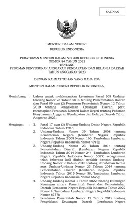 Permendagri Nomor 84 Tahun 2022 tentang Pedoman Penyusunan APBD 2023