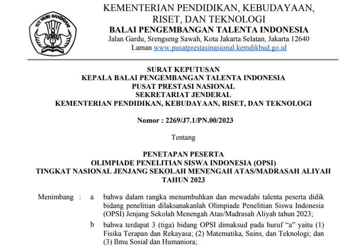 Daftar Peserta OPSI Tingkat Nasional Jenjang SMA MA 2023